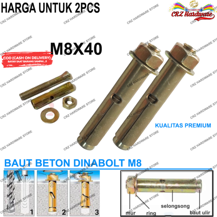 Dynabolt Dinabol Baut Beton 8mm Baut Tembok Dinabolt 8 x 40mm ISI 2PCS ...