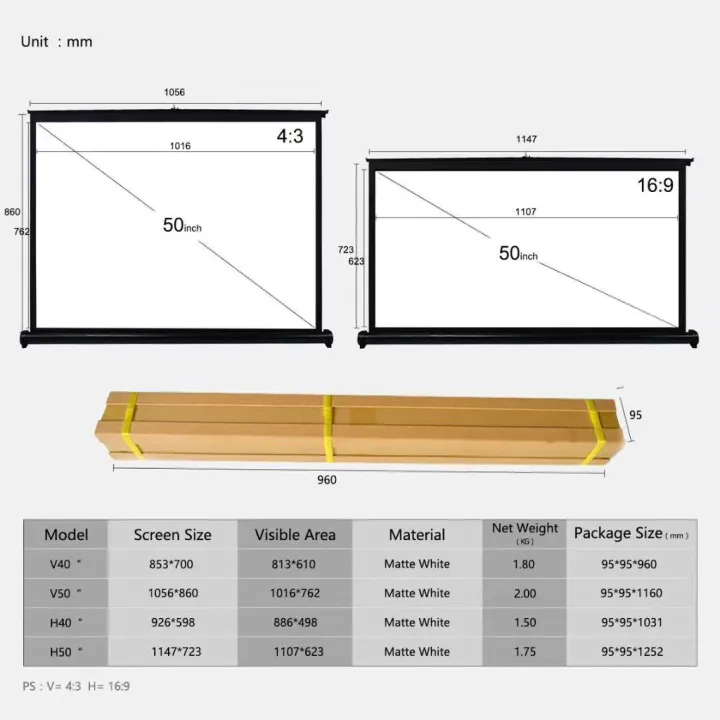 50 inch HD Projection Screen Manual Pull Up Tabletop Screen Aspect ...