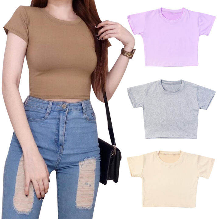 WELOVE Womens Plain Cotton Round Neck shirts Basic Crop Top Shirt free size | Lazada PH