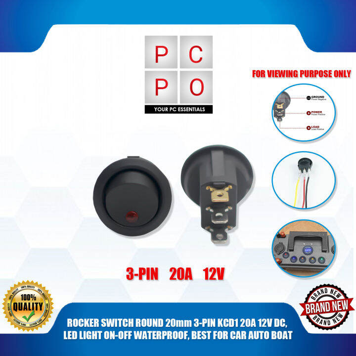 ROCKER SWITCH ROUND 20mm 3-PIN KCD1 20A 12V DC, LED LIGHT ON-OFF ...
