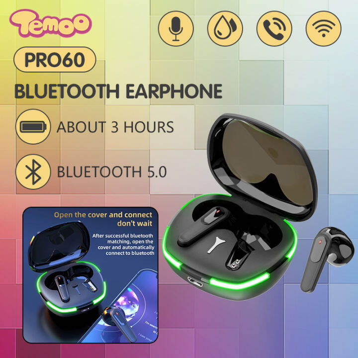 Temoo Pro60เดิมบลูทูธหูฟังไร้สายชุดหูฟังไฮไฟสเตอริโอเพลงหูฟังพร้อมไมโครโฟนกีฬาในหูเอียร์บัดสแตน ...
