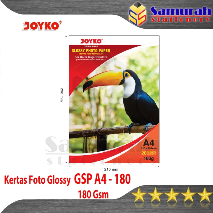 Glossy Paper GSP A4 180 gsm Joyko / Kertas Cetak Foto Mengkilap 180 gram Pak isi 20 Lembar ...