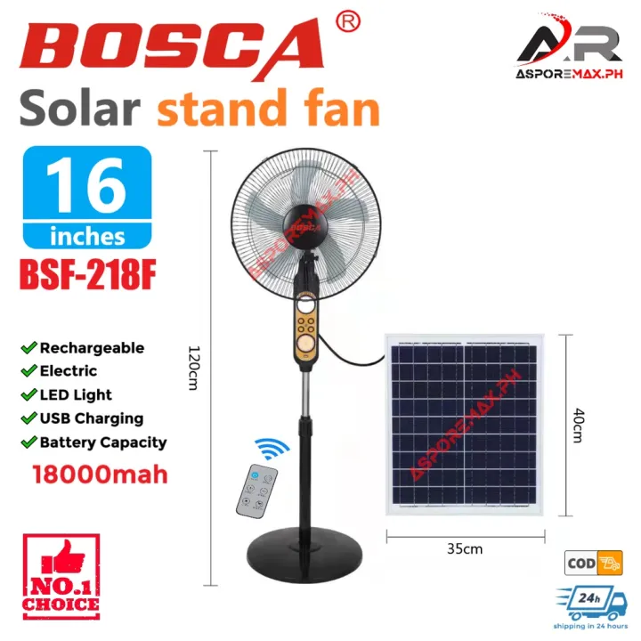 QWA BOSCA Solar Stand Fan 16 inches with 5 Blades+3 Speeds Solar ...
