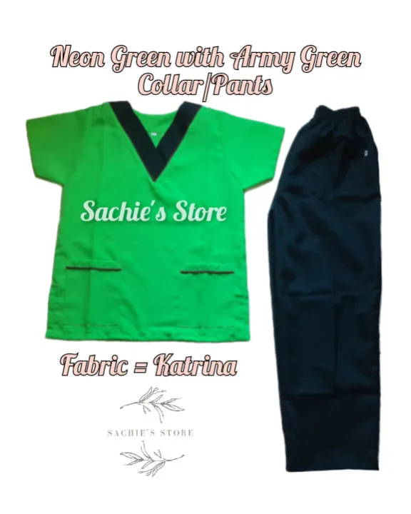 Neon Green with Army Green Collar and Pants - Katrina Fabric Scrub Suit ...
