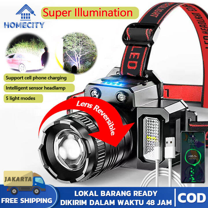 Lampu Kepala LED Super Terang 5000 Lumen dengan Sensor Tangan USB ...