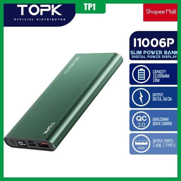 TP1 TOPK I1006P Dual Input 10000mAh 18W Quick Charge Powerbank | Lazada PH