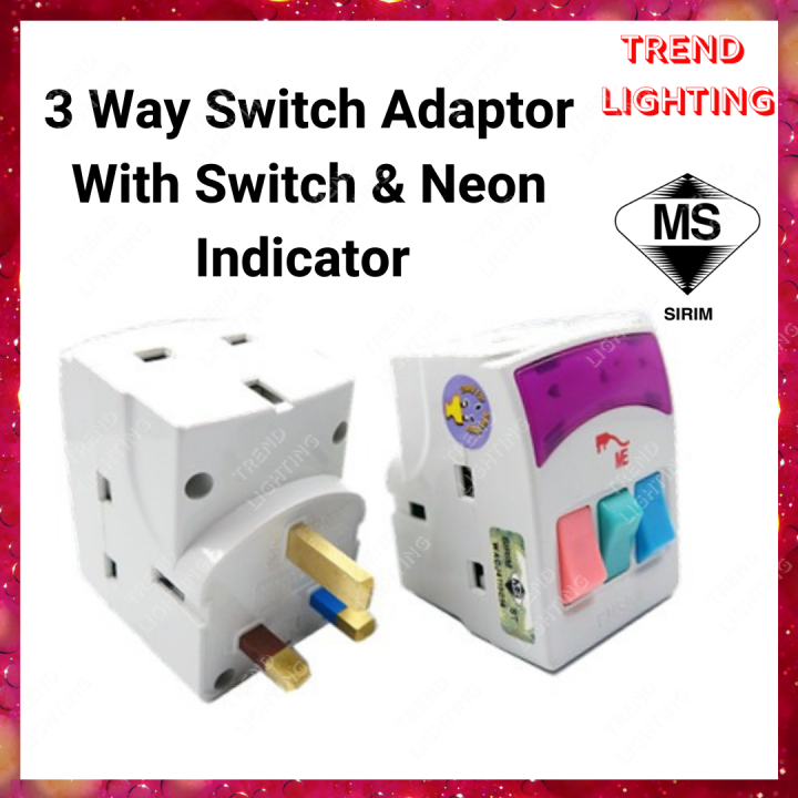 13a 3 Way Adaptor Extension Socket With Switch And Neon 3 Way Adaptor