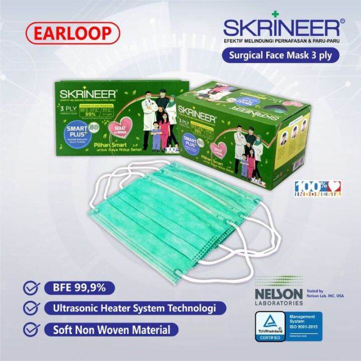 Skrineer Smart Plus Masker 3 ply Earloop Green (isi 50 pcs) | Lazada ...