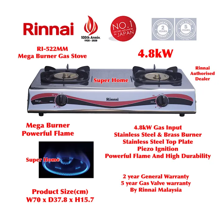 Rinnai Gas Cooker RI-522MM Mega Burner Table Top Gas Stove - 4.8kW | Lazada