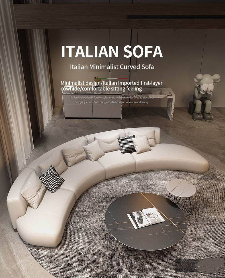 TATA HOME Nordic Leather Sofa โซฟาตัวยู Curved โซฟาสีครีม Minimalist ...