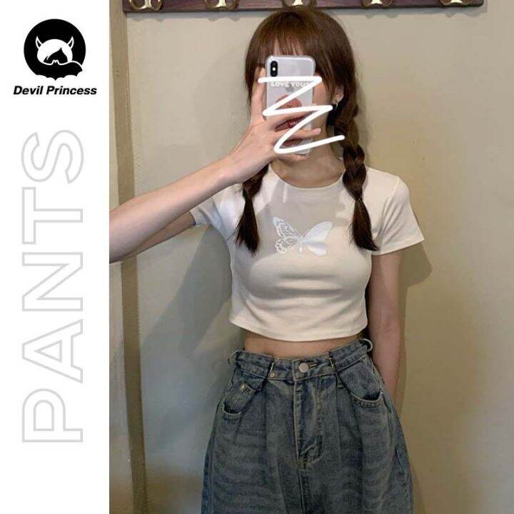 DevilPrincess สะท้อนแสงผีเสื้อแขนสั้นเสื้อยืดผู้หญิงฤดูร้อน 2022 ใหม่ navel สีดำ bottoming เสื้อ ...