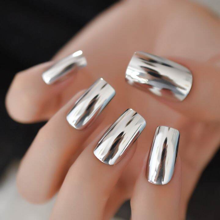 Shiny Silver Metallic Long False Nail Tips Punk Metal Plating Mirror ...