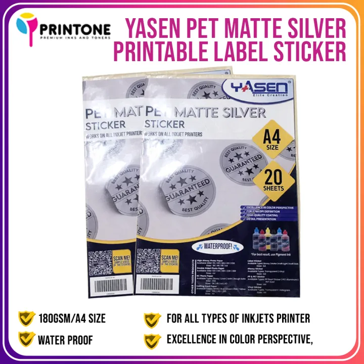YASEN PET Printable Label Sticker A4 Size Matte Silver Sticker ...
