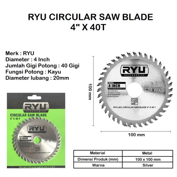 RYU Mata Circular Saw Blade 4 inch 40T - Mata Potong Kayu - Mata Circle ...