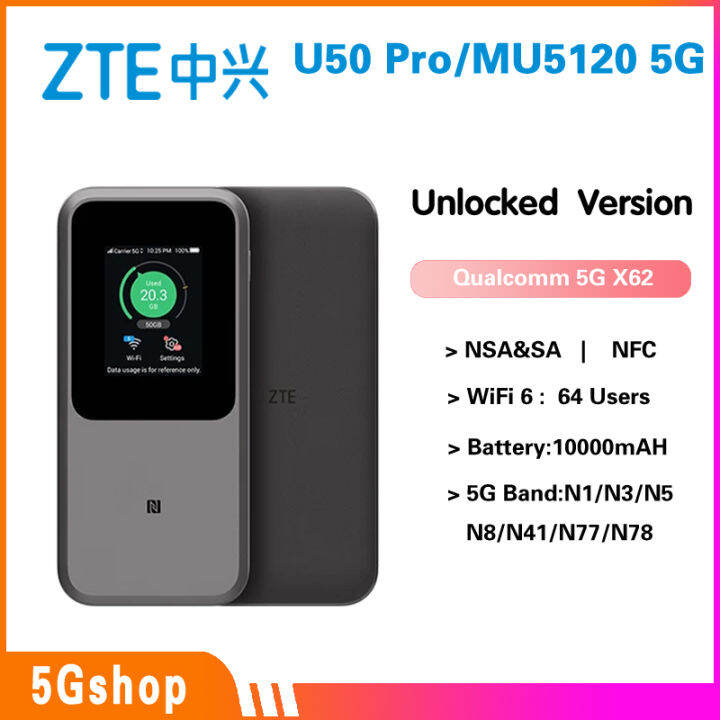 ZTE MU5120 5G Portable WiFi U50 Pro 10000mah 27W Fast Charge WiFi 6 3600Mbps Mobile Hotspot 5G ...