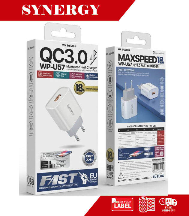 Wk Design 18w QC 3.0 Fast Charger Usb Type C & Lightning Fast Charging ...