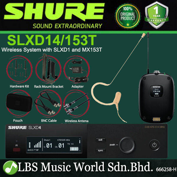 Shure SLXD14/153 Wireless Mic System with SLXD1 Bodypack Transmitter and MX153T Earset Headwon ...