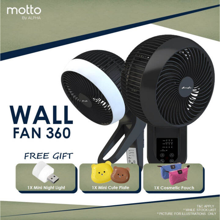 Alpha Motto Wall Fan 360 Oscillation 3 Speed Remote Control | Lazada