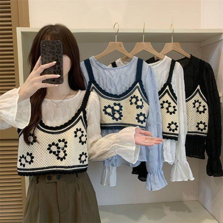 T888 เสื้อสายเดี่ยว ไหมพรม ถักลายดอกไม้4สี ไม่มีฟองน้ำ S002 | Lazada.co.th