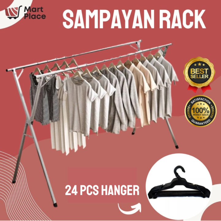 24pcs Hanger and 1pc Sampayan Foldable Stainless Steel Garment Rack ...