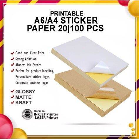 (20 | 100 pcs)Printable Inject Sticker paper Matte, Glossy & Kraft A4 ...