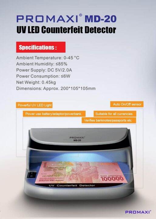 PROMAXI MD-20 LED Money Detector - Lampu UV Deteksi Uang Palsu Cas Ulang MD20 | Lazada Indonesia