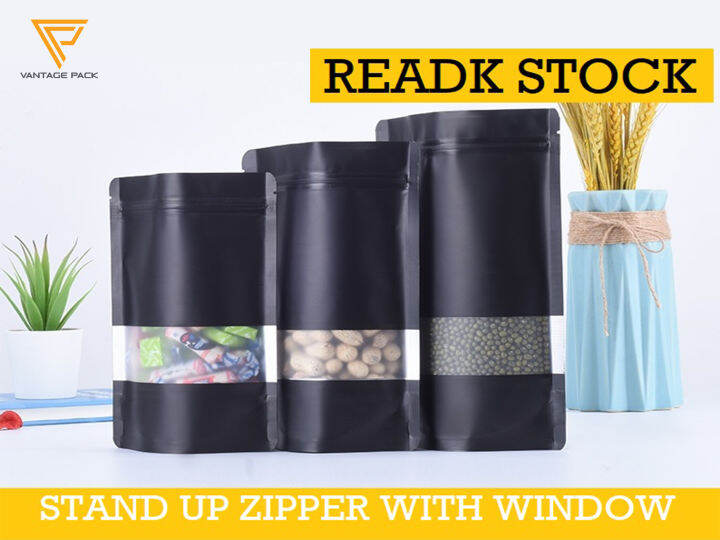 Matte Black Metalised Stand Up Zip Lock Bag Zipper Pouch with Window ...