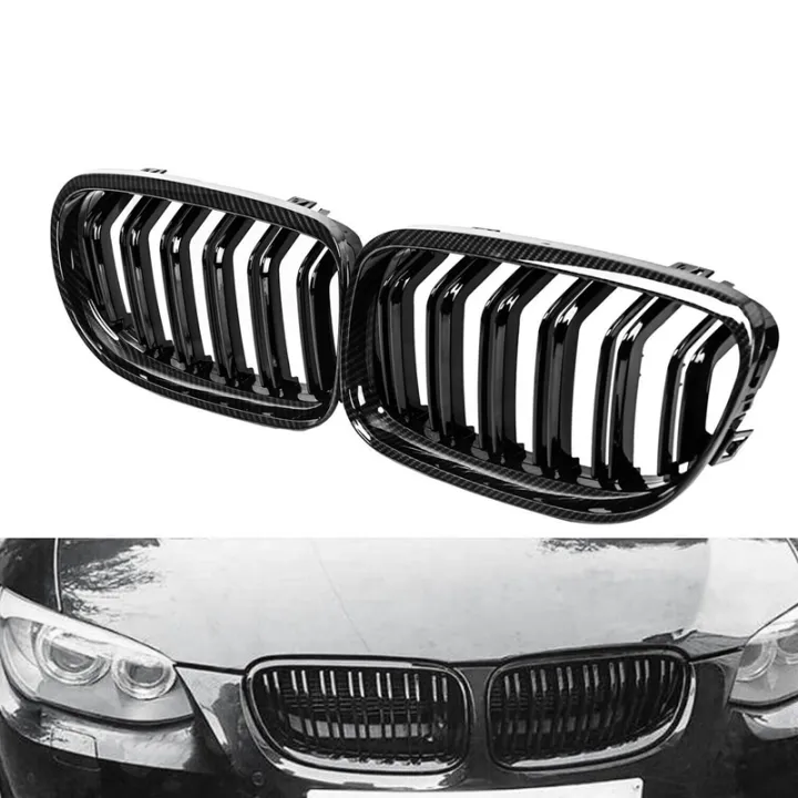 Car Carbon Fiber Glossy Black Double Slat Front Kidney Grille Grill for ...