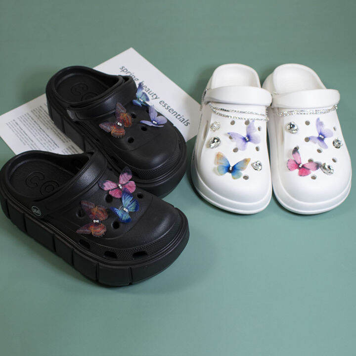 Jibbitz Crocs Chrams สองชั้นสเตอริโอผีเสื้อรองเท้าแบบมีรูระบายด้วยคริสตัล Aksesoris Berlian