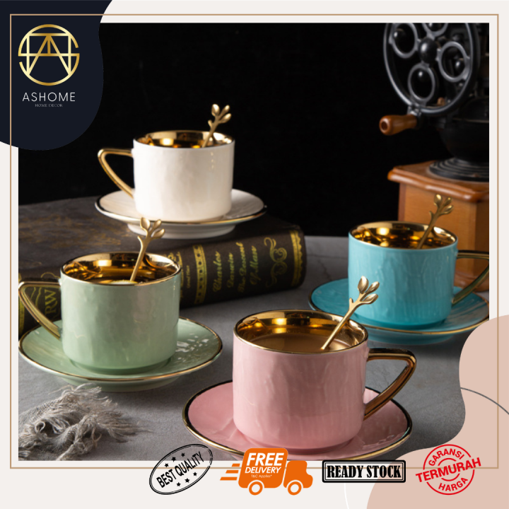 CANGKIR SET KERAMIK LENGKAP DALAM GOLD ELEGANT/ CANGKIR KOPI DAN TEH ...