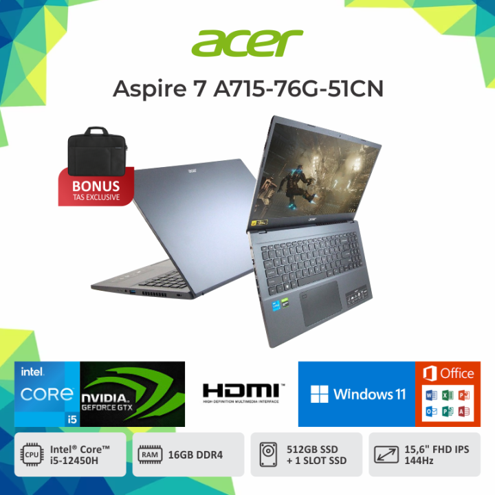 ACER ASPIRE 7 A715-76G-51CN INTEL CORE i5-12450H SSD 512 GB 16GB NVIDIA GTX 1650 15 INCH FULL HD ...