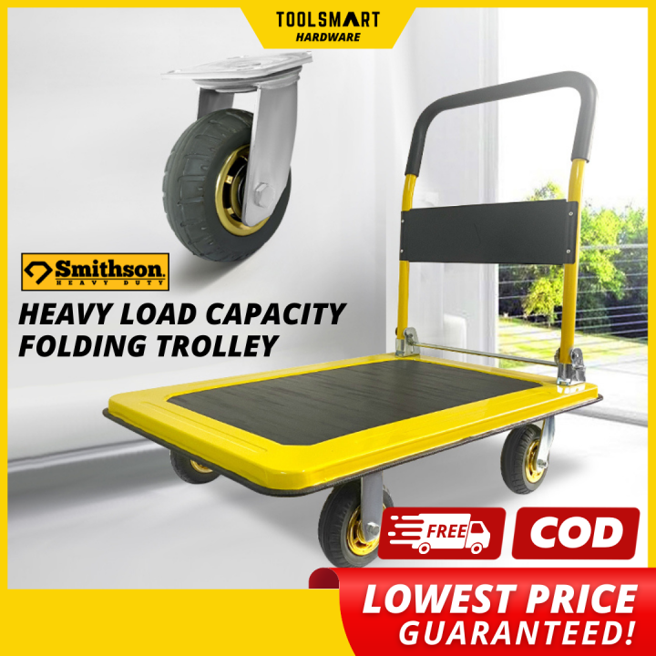 【SMITHSON】 Hand Truck Trolley Folding Push Cart 300kg (Black W/ Yellow) 360 Degree Swivel Wheels ...