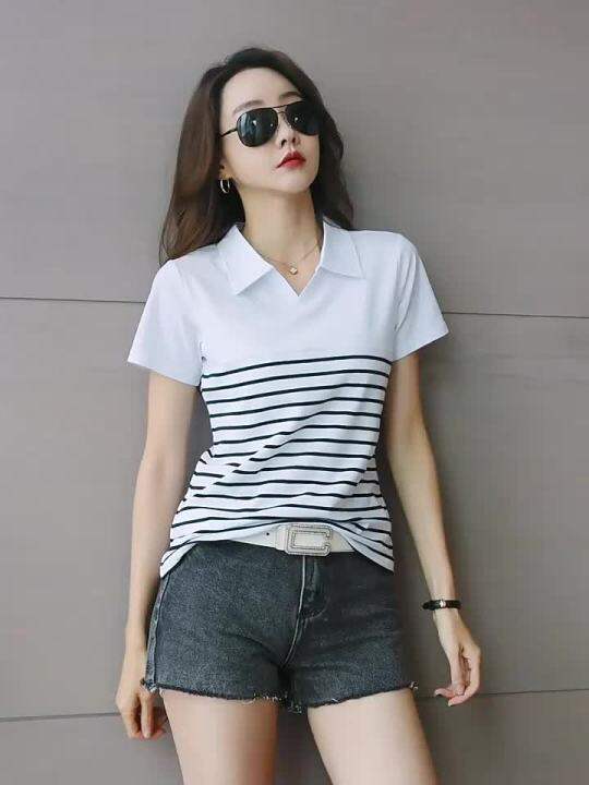 901A แขนสั้น T เสื้อเชิ้ตฤดูร้อนสไตล์เกาหลีรุ่นใหม่ปกหลวม polo เสื้อสตรีผ้าฝ้ายชุบแฟชั่นลำลองลาย ...