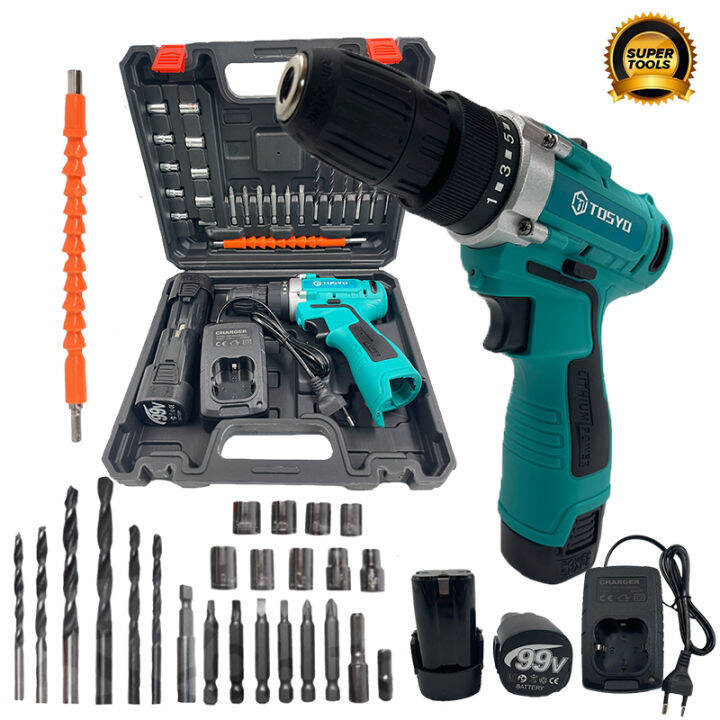 TOSYO สว่านไร้สาย สว่าน สว่านแบต 99V 2 ระบบ แบตเตอรี่ 2ก้อน พร้อม ดอกสว่าน และ อุปกรณ์ ...
