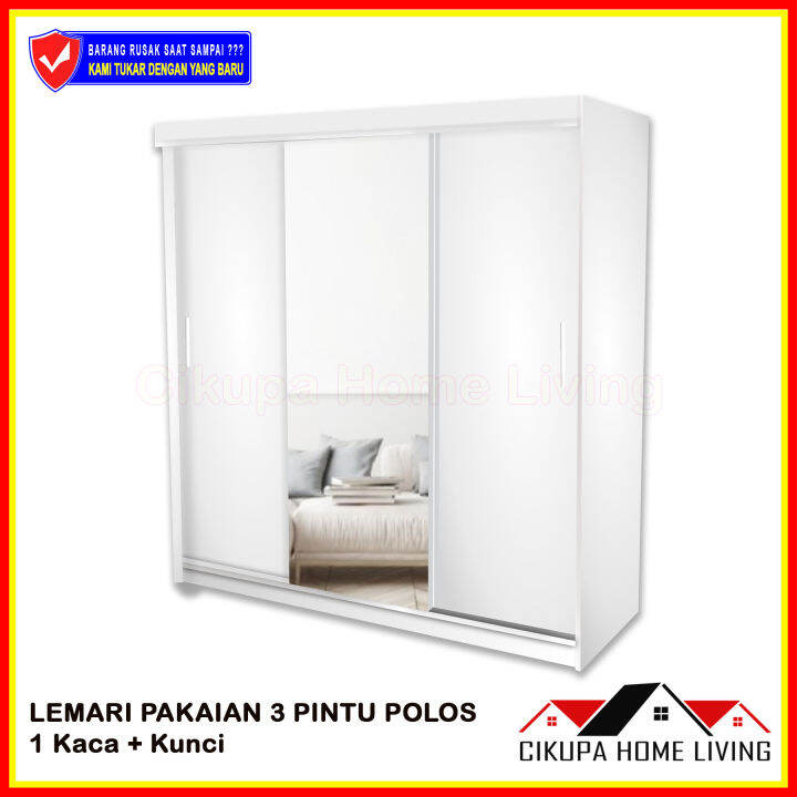 LEMARI PAKAIAN SLIDING DOOR 3 PINTU HPL 1 KACA + KONCI | Lazada Indonesia