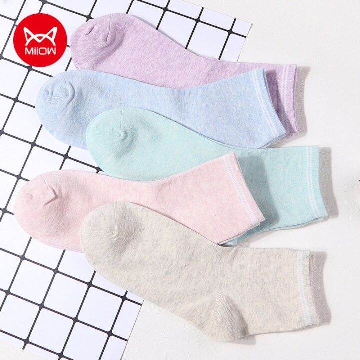 MiiOW 5 คู่ถุงเท้าผ้าฝ้ายผู้หญิงสีทึบกลางหลอดตัดสบายๆแฟชั่นพิมพ์กีฬาถุง ...