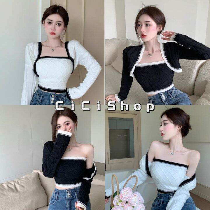 Cici(Z867)SET 2ชิ้น เกาะอก+เสื้อคลุมแขนยาวไหมพรม ดีเทลสีตัดขอบ งานน่ารักมากๆได้ลุคหวานอมเปรี้ยว ...