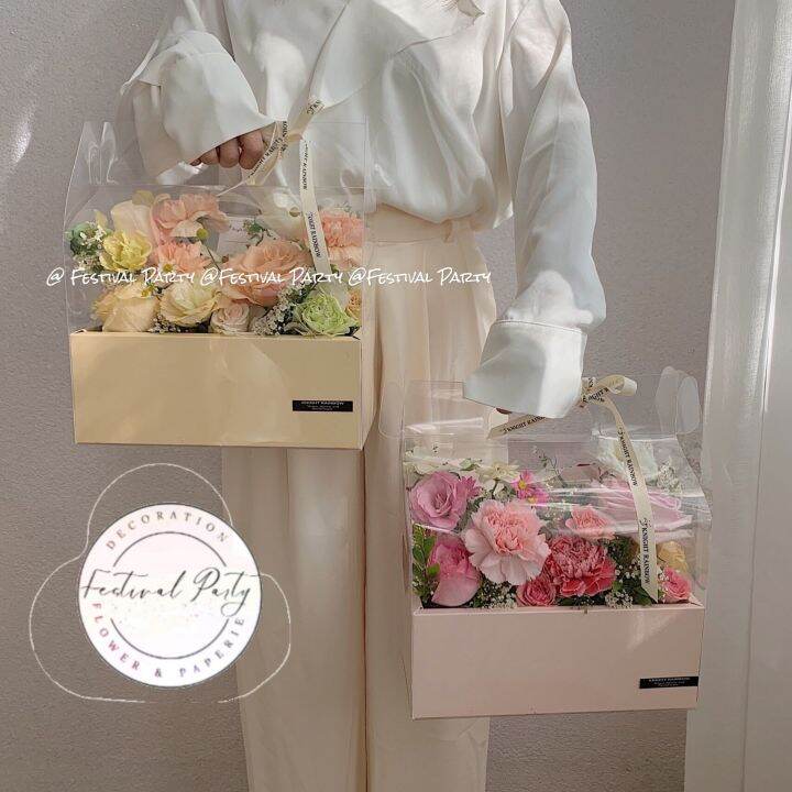Transparent Carring Flower Gift Box ( 2 Compartment ) Handle Cake Box ...
