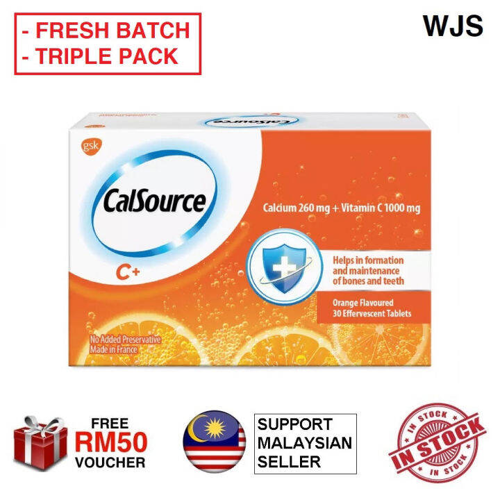 (FRESH BATCH TRIPLE PACK) WJS CalSource C+ Effervescent Tablets Orange Flavour 30 Tablets ...