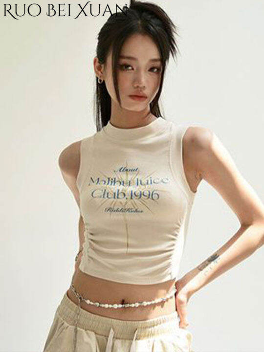 Ruo Bei Xuan เสื้อครอปเข้ารูปพอดีผู้หญิง,เสื้อกล้ามครอปเสื้อพิมพ์ตัวอักษร | Lazada.co.th