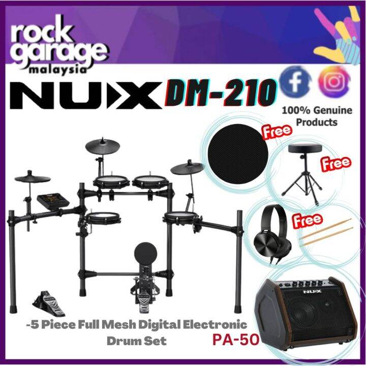 NUX DM-210 5 Piece Full Mesh Digital Electronic Drum Set (DM210/DM 210 ...