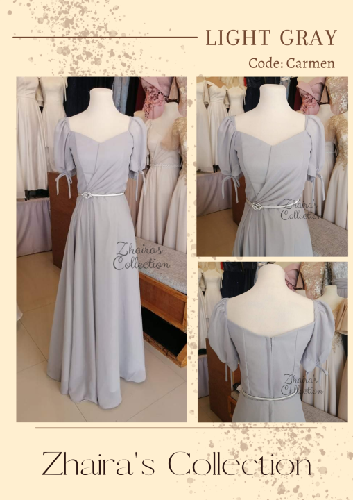 【SALE】ZHAIRA's COLLECTION Puff Sleeve Long Gown Light Gray Bridesmaid ...