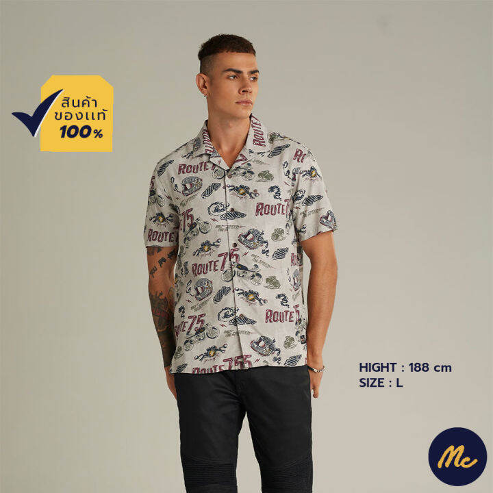 Mc Jeans เสื้อเชิ้ตผู้ชาย เสื้อฮาวายแขนสั้น สีเทาพิมพ์ลาย Biker Collection MSSZ150 | Lazada.co.th