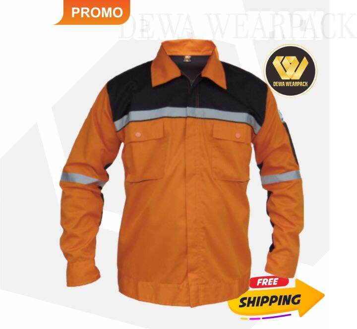 wearpack safety Kemeja atasan resleting seragam proyek warna oren hitam ...