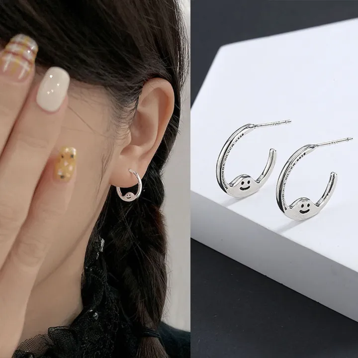 YWYK INS ต่างหูห่วงหน้ายิ้มรูปตัว C สำหรับผู้หญิง,เครื่องประดับแฟชั่นต่างหูเกาหลี | Lazada.co.th