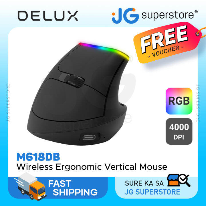Delux M618DB Wireless Bluetooth Ergonomic Vertical Mouse 2.4GHz Silent Click RGB with Mute ...