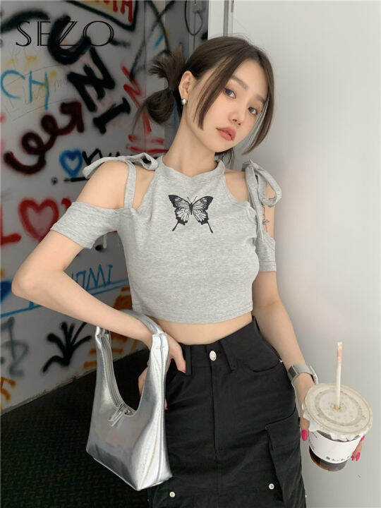 SEZO เสื้อยืดแขนสั้นพิมพ์ลายผีเสื้อมีเชือกผูกสไตล์เกาหลีสำหรับผู้หญิง ...