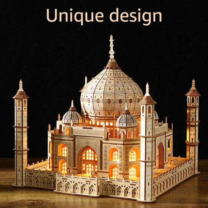 388Pcs 3D Mahal Model Puzzle Kit Wooden Taj Mahal Construction Model Kit with LED Light DIY ...