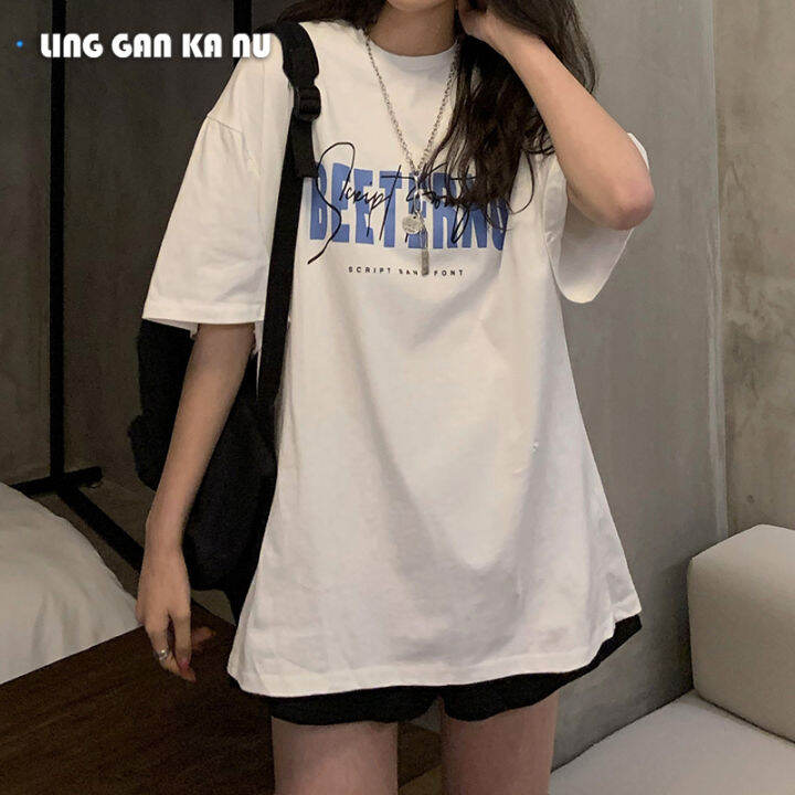LING GAN KA NU เสื้อครอปไอจี ฤดูร้อนใหม่เกาหลีรุ่น 4XL plus ขนาดผู้หญิงไขมัน MM สนุกพิมพ์เสื้อ ...