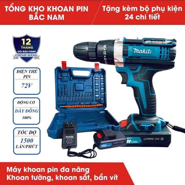 Máy khoan pin 72V Makita 3 chức năng có búa - Tặng kèm 24 chi tiết gồm các mũi khoan + Mũi bắt ...